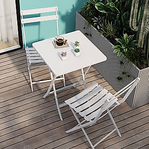 BOSTANA 3-Piece Bistro Set, Steel Folding Bistro Table and Chairs Set of 3 with 2 Chairs and 1 Square Table, Outdoor Indoor Patio Bistro Set for Patio Yard Garden, White
