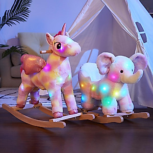Glow Guards Light up Musical Elephant Baby Rocking Horse Set of 2 with Rainbow Elephant Plush Toy Baby Wooden Chair for Toddlers Girls and Babies Age 1-3 (Elephant)