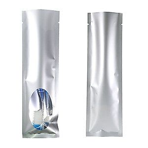 100x Silver/Silver/Silver Long Flat Open Top Bags with Oval Window 6x20cm (2.3x7.8")
