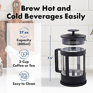 Any Morning Coffe Maker, Stainless Steel Borosilicate Glass French Press, Tea Press for Loose Tea, BPA Free, Heat Resistant Durable, Easy to Clean, 27 oz, Black