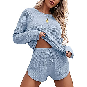Ekouaer Womens Waffle Knit Pajama Sets Long Sleeve Top and Shorts Matching Lounge Set Sleepwear Loungewear Sweatsuit with Pockets Baby Blue Medium