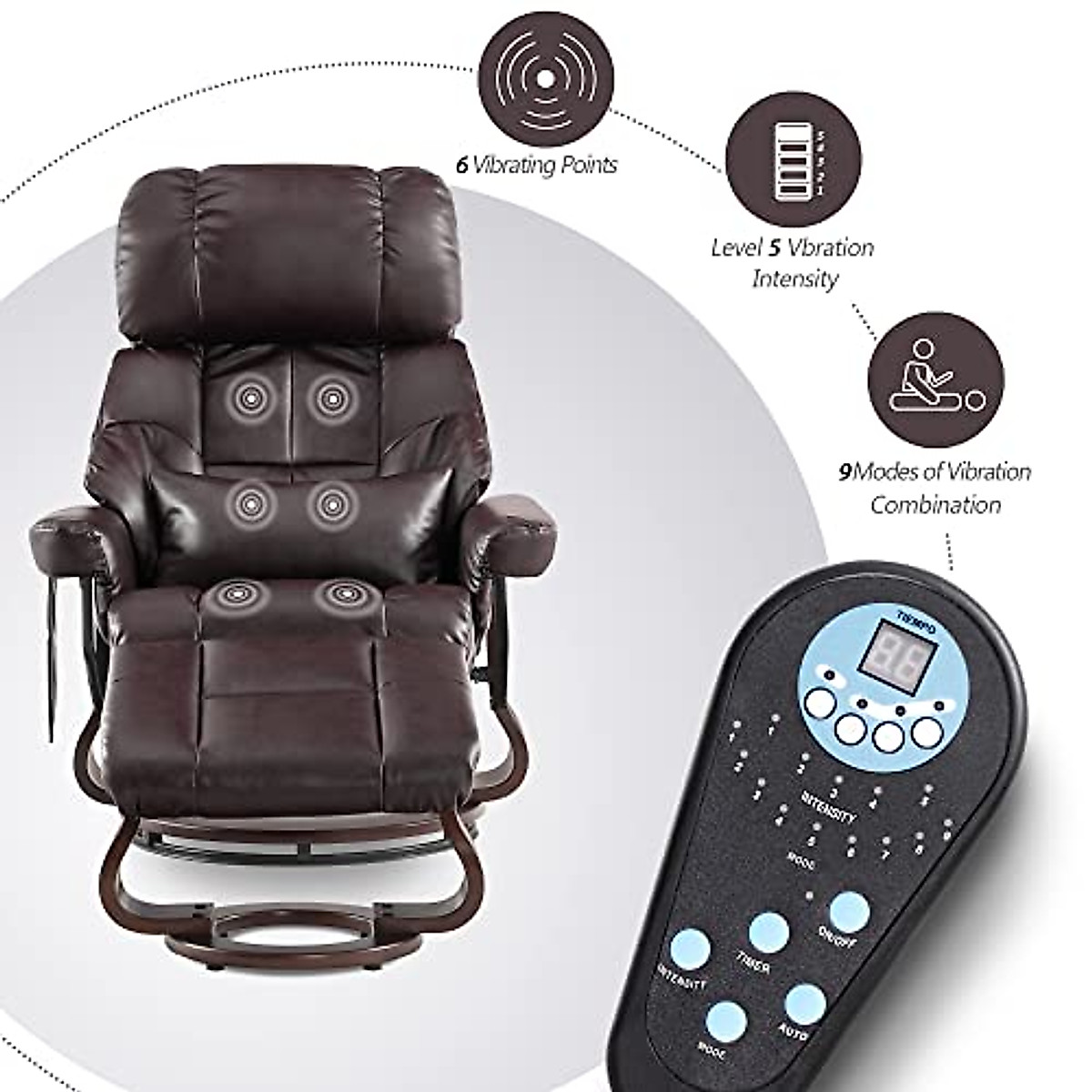 MCombo Recliner with Ottoman Reclining Chair with Vibration Massage and Removable Lumbar Pillow, 360 Degree Swivel Wood Base, Faux Leather 9068 (Dark Brown)