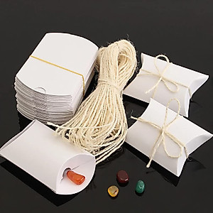 AKOAK Kraft Paper Pillow Box, Candy Favor Gift Boxes for Wedding Birthday and Christmas,Pack of 50 with 50 Pcs Jute Twines (White)