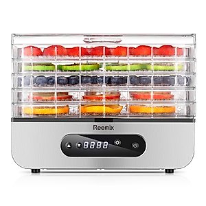 Reemix Food Dehydrator Machine, Compact Dehydrators for Food and Jerky, Fruits, Veggies, 500W Dehydrated Dryer with Temperature Control, 5 BPA-Free Trays Dishwasher Safe, Silver