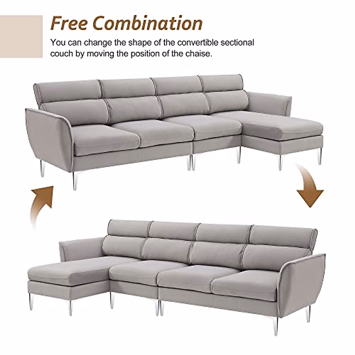 Lifeand 111" Convertible Sectional, Flannel L Shape Furniture Couch Left/Right Handed Chaise Sofas, Gray
