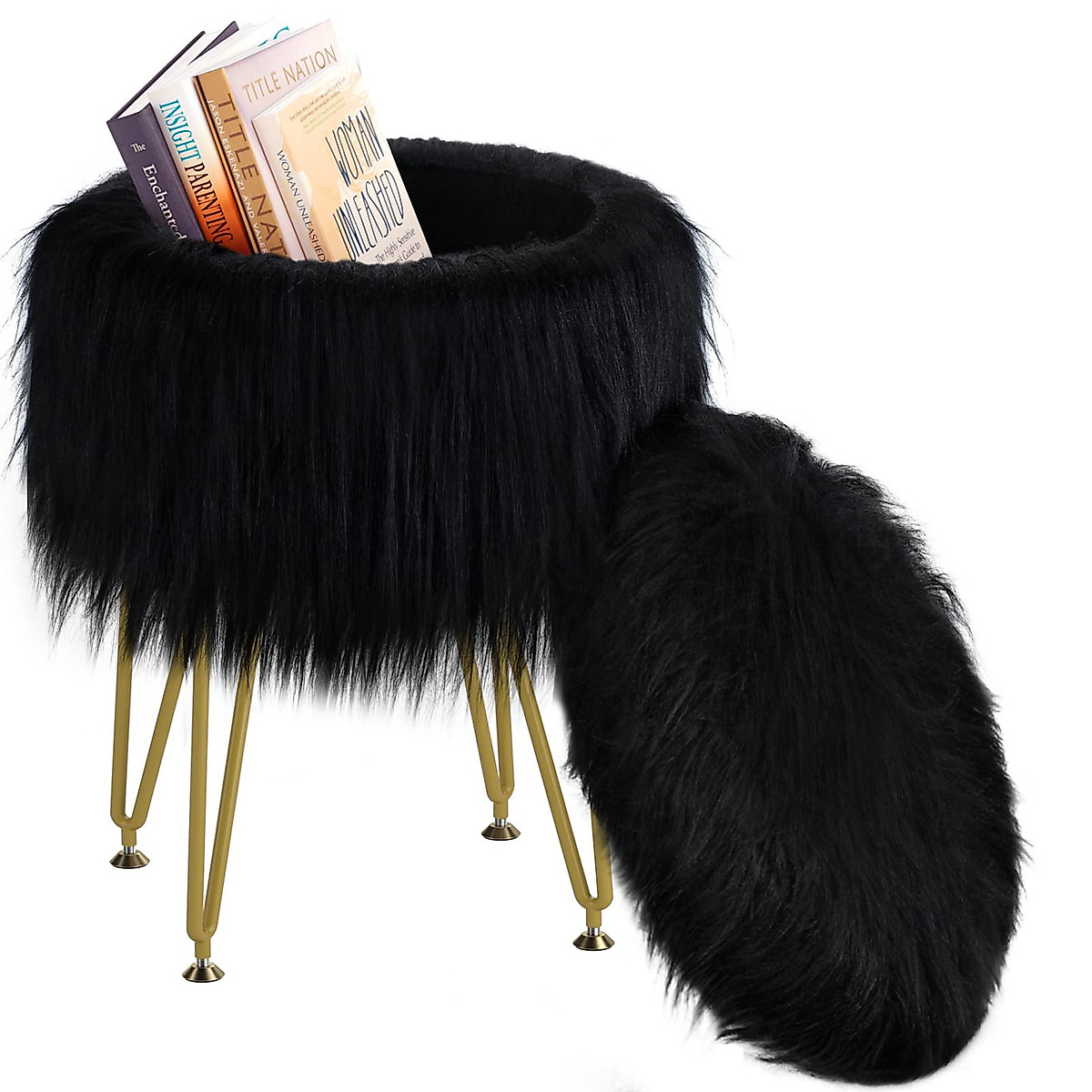 RunLexi Vanity Stool Chair with Storage, Faux Fur Makeup Room Seat Stool, Soft Padded Seat, Round Footrest Footstools with 4 Metal Legs & Adjustable Footings, Vanity, Bathroom, Bedroom Chairs Black