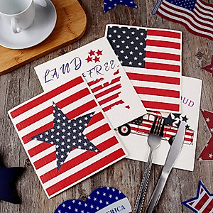 Quera 4Th of July Swedish Kitchen Dishcloth Retro Patriotic Stars & Stripes Truck Cotton Kitchen Towel Independence Day Absorbent Quick Drying Kitchen Cloth for Home Counter Wipes,4Pcs​