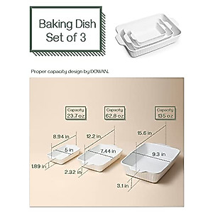 DOWAN Casserole Dishes for Oven, Ceramic Baking Dishes for Oven Set of 3, Lasagna Pan Deep, Baking Pan Set Rectangular Casserole Dish Set with Handles for Baking, White (15.6''/12.2''/8.9'')