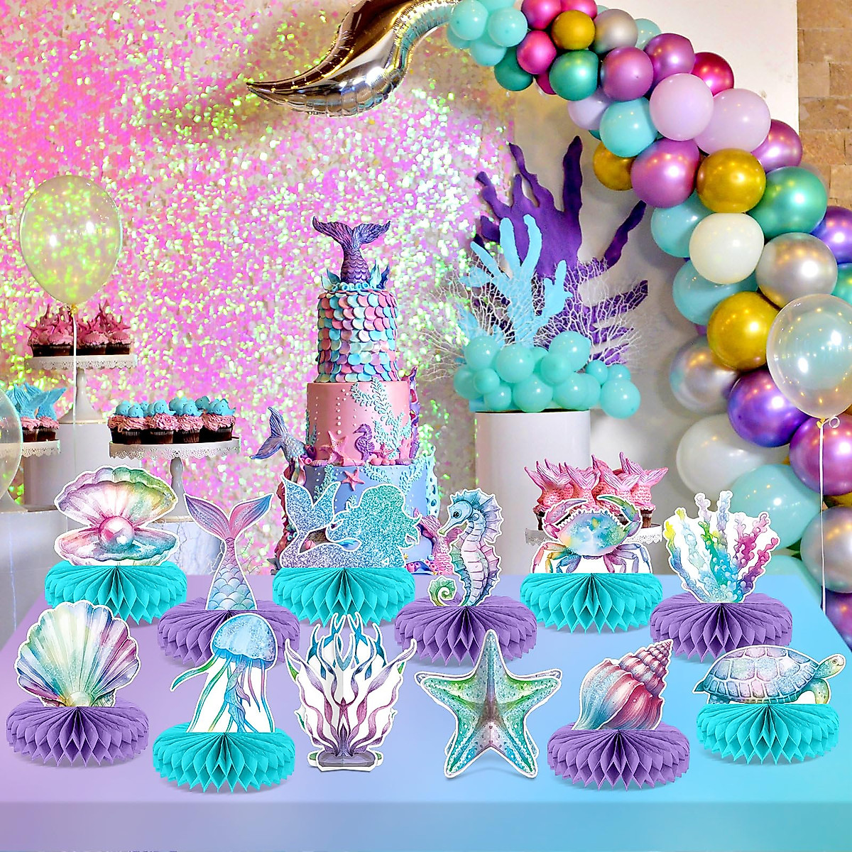 12Pcs Mermaid Party Supplies Mermaid Birthday Honeycomb Centerpieces for Under The Sea Party Decorations Ocean Mermaid Theme Table Honeycomb for Ocean Mermaid Theme Birthday Baby Shower Party Favors