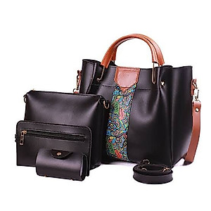 Ladies Womens Girls 4 Pieces Set Fashion Bag Soft PU Leather Handbag Tote Shoulder Bag Crossbody Bag Wallet Card Bag (Black)