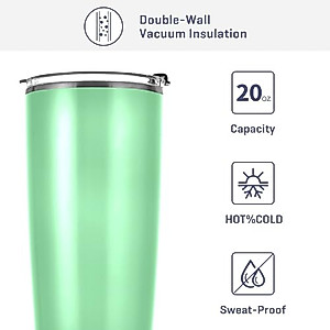 Qilmy Pale Green Tumbler with Lid and Straw, 20 oz Double Walled Insulated Stainless Steel Tumbler Travel Coffee Cup for Hot & Cold Drinks