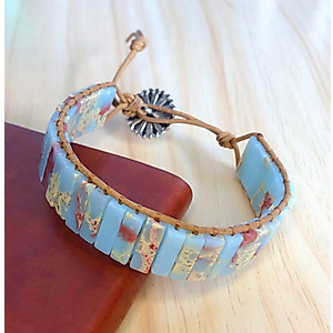 JEYAMTSOGE 7 Chakra Bracelet for Women with Real Gemstones Leather Boho Handmade Natural Stone Healing Yoga Bracelet Friendship Jewelry(Light blue agalmatolite)