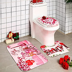 4 Pieces Happy Valentine's Day Shower Curtain Set with Non Slip Rugs Toilet Lid Cover Bath Mat U Shaped Mat Bathroom Gnomes Curtain with 12 Hooks Red Truck Waterproof Shower Curtain Valentines Decor