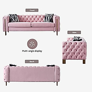 Melpomene Modern Button Tufted Velvet Sofa Chesterfield Sofa with Square Arm, Gold Metal Legs and 2 Throw Pillows for Living Room (Pink)