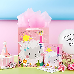LeZakaa 1st Birthday Gift Bag, 13" Pink Glitter Gift Bag with Tissue Paper, Gift Tag and Card - Little Sheep Design for Girl, Kids, Child Birthday