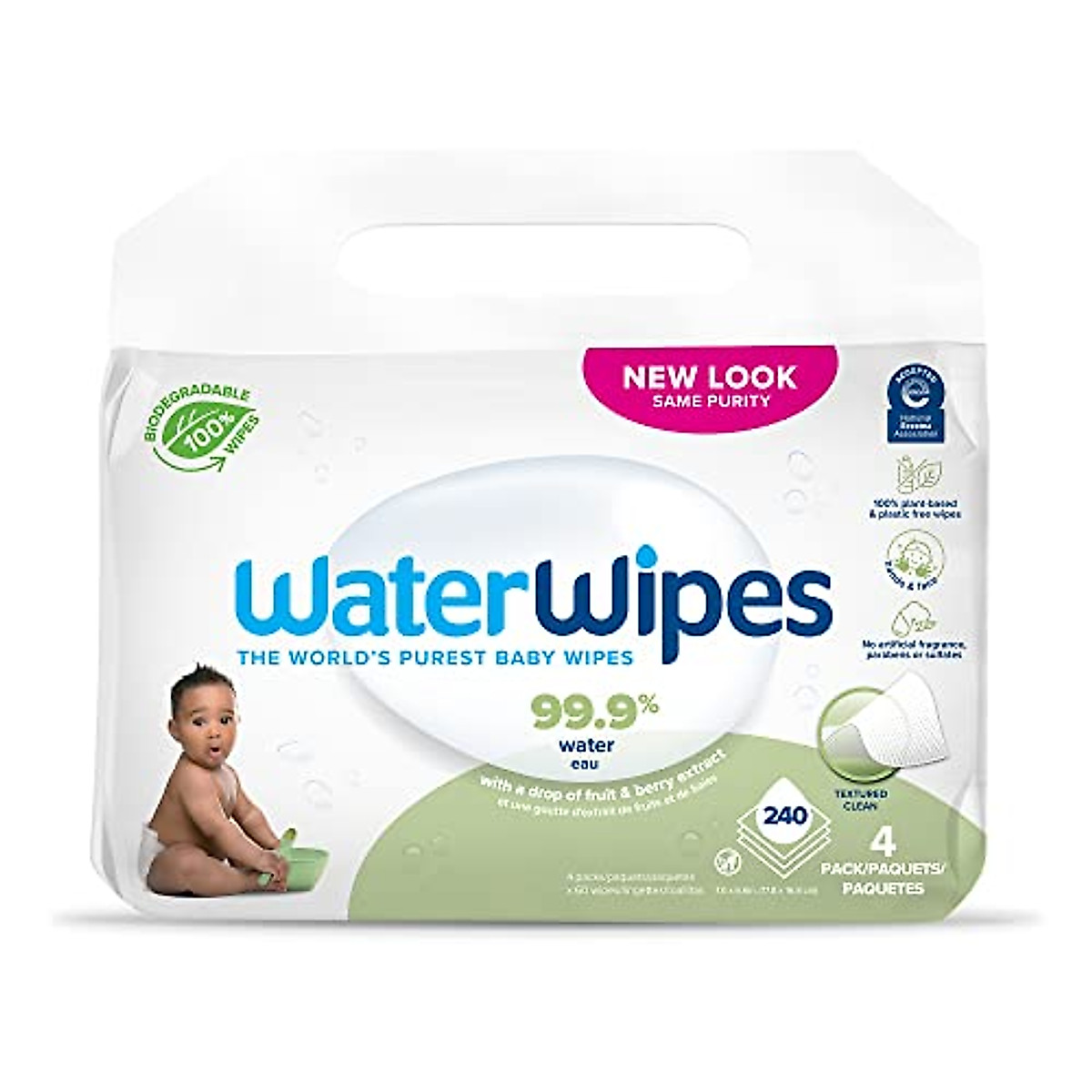 WaterWipes Plastic-Free Textured Clean, Toddler & Baby Wipes, 99.9% Water Based Wipes, Unscented & Hypoallergenic for Sensitive Skin, 240 Count (4 packs), Packaging May Vary