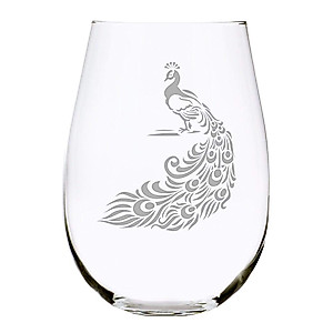 C & M Personal Gifts Stemless Wine Glass – Beautiful Peacock Printed Red Wine Glass Made from Lead-Free Quality Crystal Material for Men and Women – Made in USA – 17 Oz