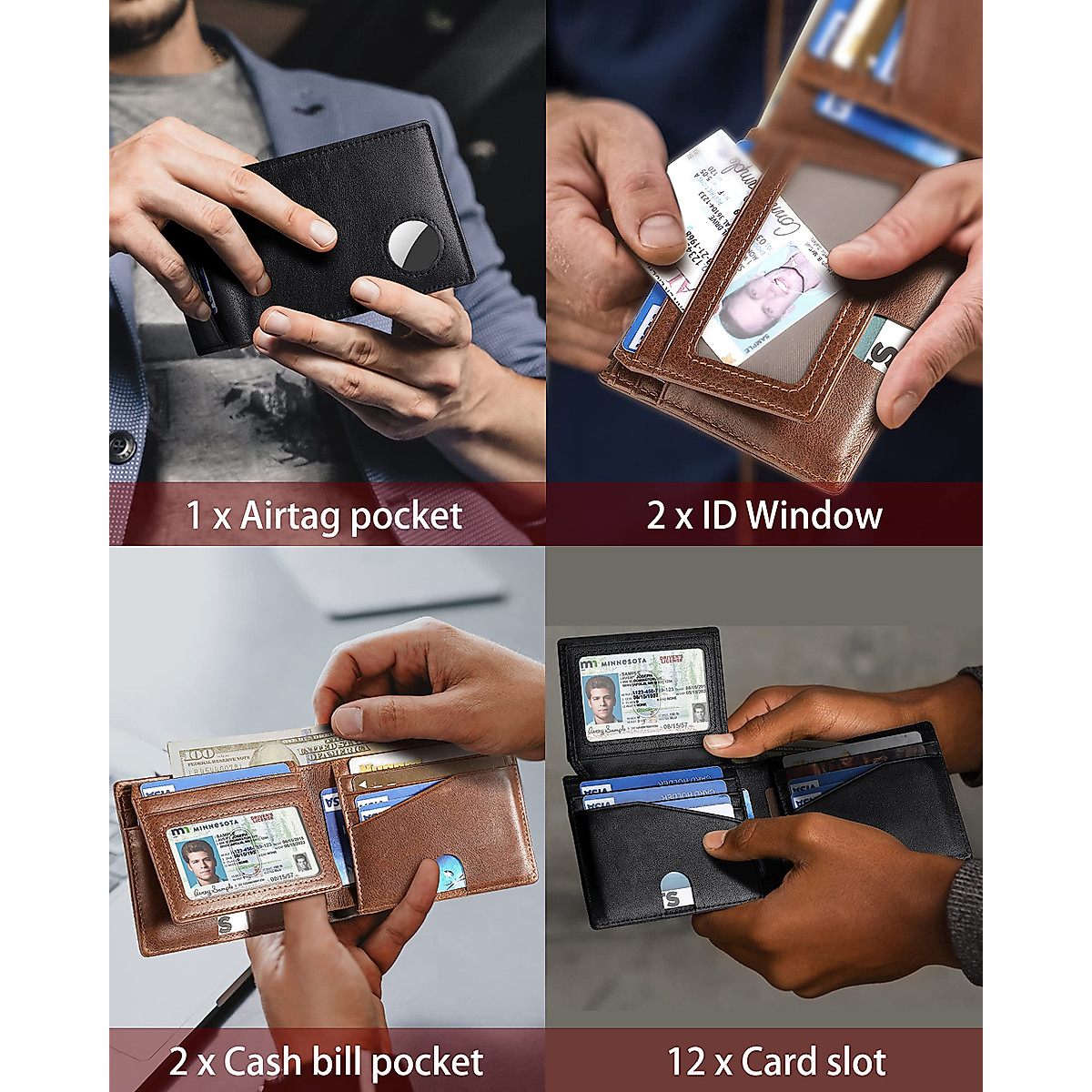 Mens Wallet With AirTag Holder, Bifold Leather RFID Blocking 2 ID Windows 12 Card Holders, Gift Box and Screen Protector Included, AirTag Not Included