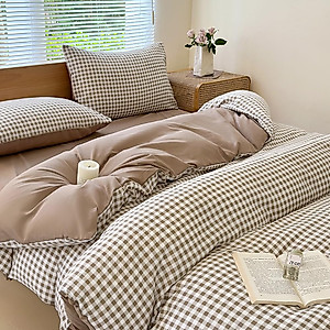 NSNLGSGC Twin Grid Gingham Duvet Cover Set Tan - Washed Soft Comforter Cover Set Brown Lightweight Bedding Set (2PCS, Twin)