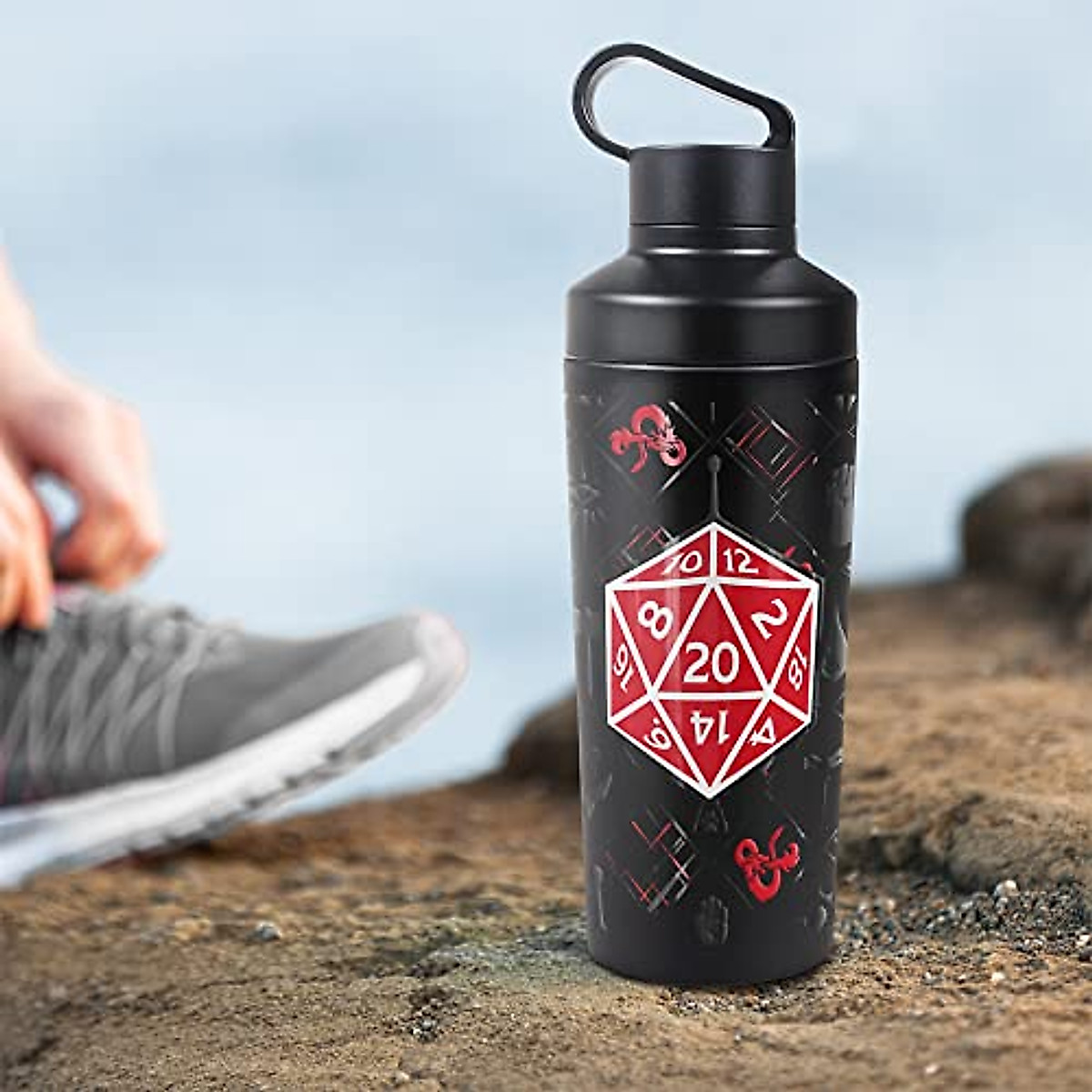 Dungeons & Dragons OFFICIAL D20 Pattern 18 oz Insulated Water Bottle, Leak Resistant, Vacuum Insulated Stainless Steel with 2-in-1 Loop Cap
