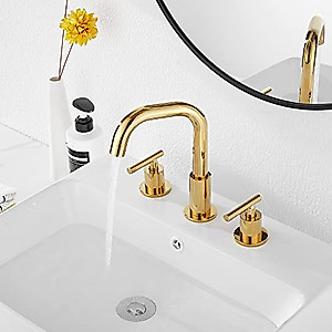 GGStudy 360° Swivel Spout Two Handles 3 Holes 8-16 inch Widespread Bathroom Sink Faucet Gold Finish Matching with Pop Up Drain