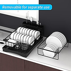 AININUOY Large Dish Drying Rack with Drainboard, 2 Tier Stainless Steel Dish Racks for Kitchen Counter, Dish Drainer with Wine Glass Holder, Drying Rack and Utensils Holder Set (Black)