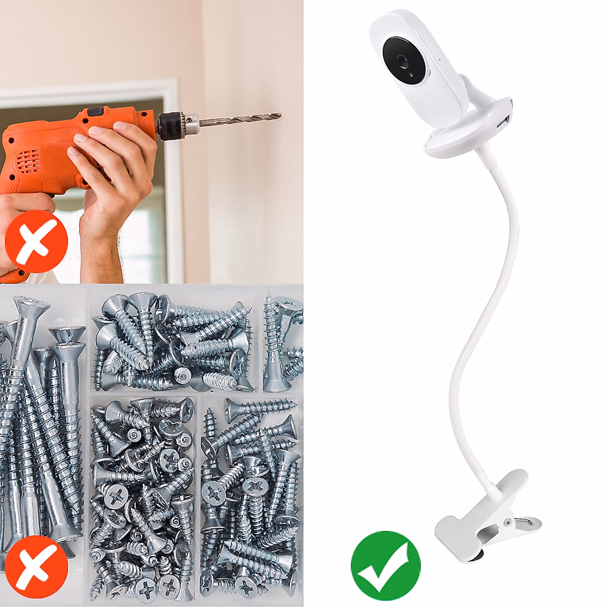 Baby Monitor Holder Compatible with VTech VM819, Flexible Baby Monitor Mount, Crib Clip Mount Without Tools or Wall Damage - White