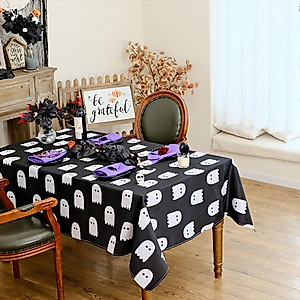 GEEORY Halloween Ghost Tablecloth, 60 x 84 Inch Rectangle Black and White Spooky Holiday Decorative Table Cover, Decoration for Kitchen Dinning Indoor Outdoor Dinner Party GTC030-84