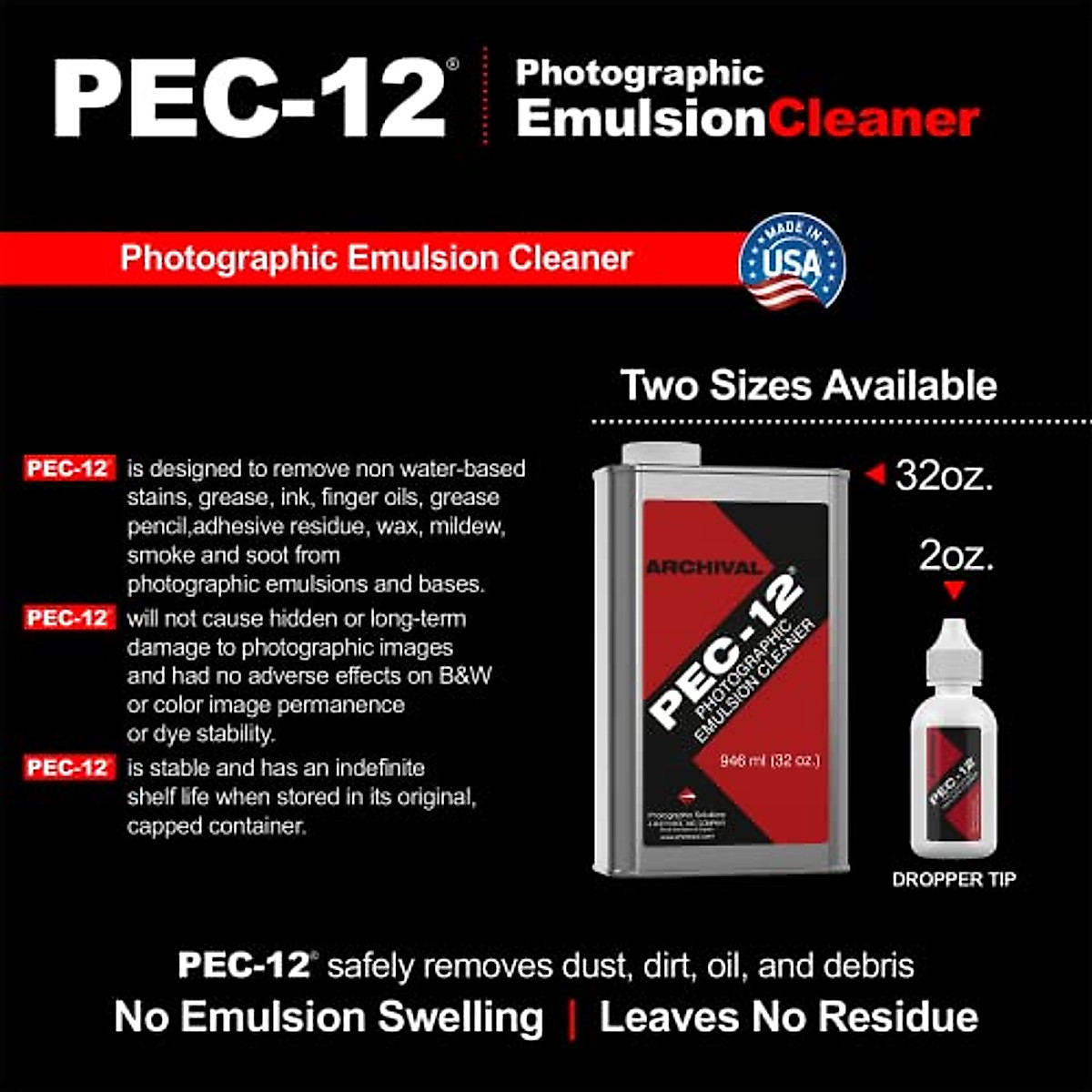 PEC-12 Photographic Emulsion Cleaner - Non-Water Based Stain, Grease, and Ink Remover from Emulsions and Bases for Cleaning Film, Photo Negatives, B&W Slide - with Dropper Tip (2oz)