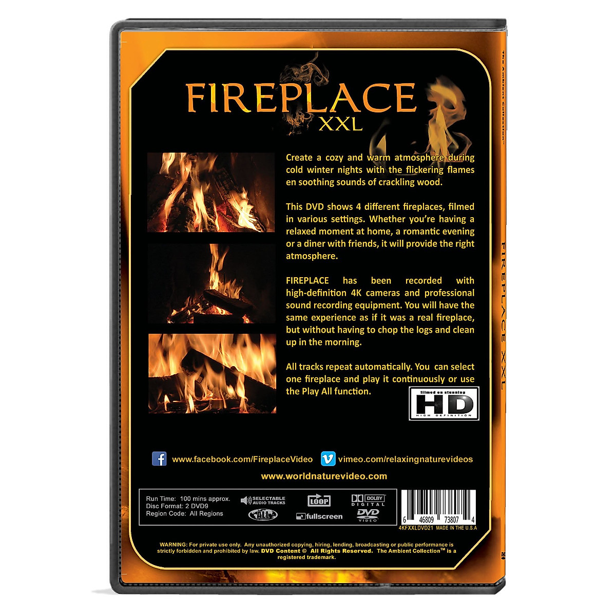 Fireplace DVD - Fireplace XXL - Filmed in HD - 2 DVD Set with Double Extra Long Fires with Burning Wood Sounds
