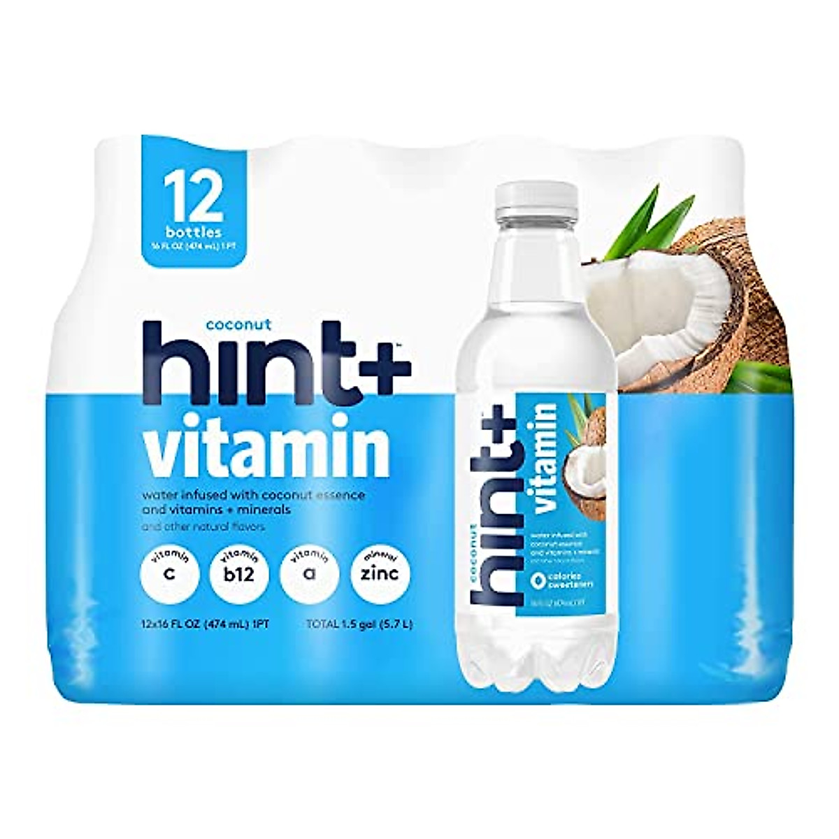 Hint+ Vitamin Coconut, Pure Water Infused with Coconut Plus a Vitamin Boost, 50% Daily Value Vitamin C, Vitamin A, B12, Zinc, Zero Sugar, Zero Calories, Zero Diet Sweeteners, 16 Fl Oz (Pack of 12)