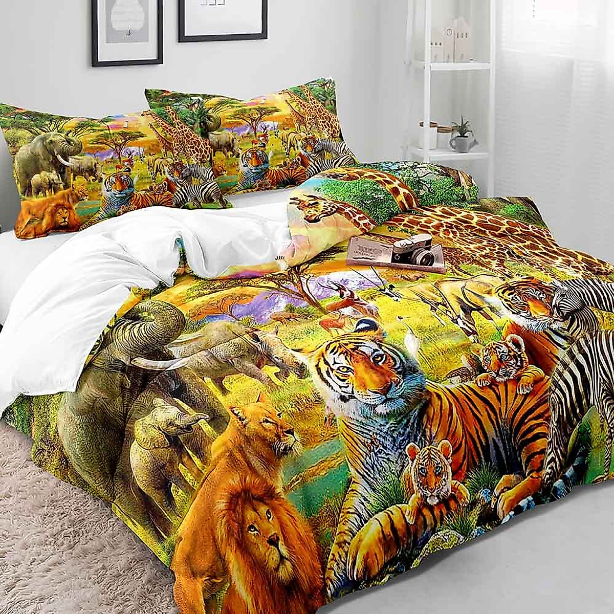 VIVIHOME 2PCS Safari Animal Duvet Cover, Twin Bedding, Boys Kids Bedding, Zoo Jungle Animal Tiger Lion Elephant Zebra Giraffe African Wildlife Wild Animal Comforter Bedspread Quilt Cover, 1 Pillowcase