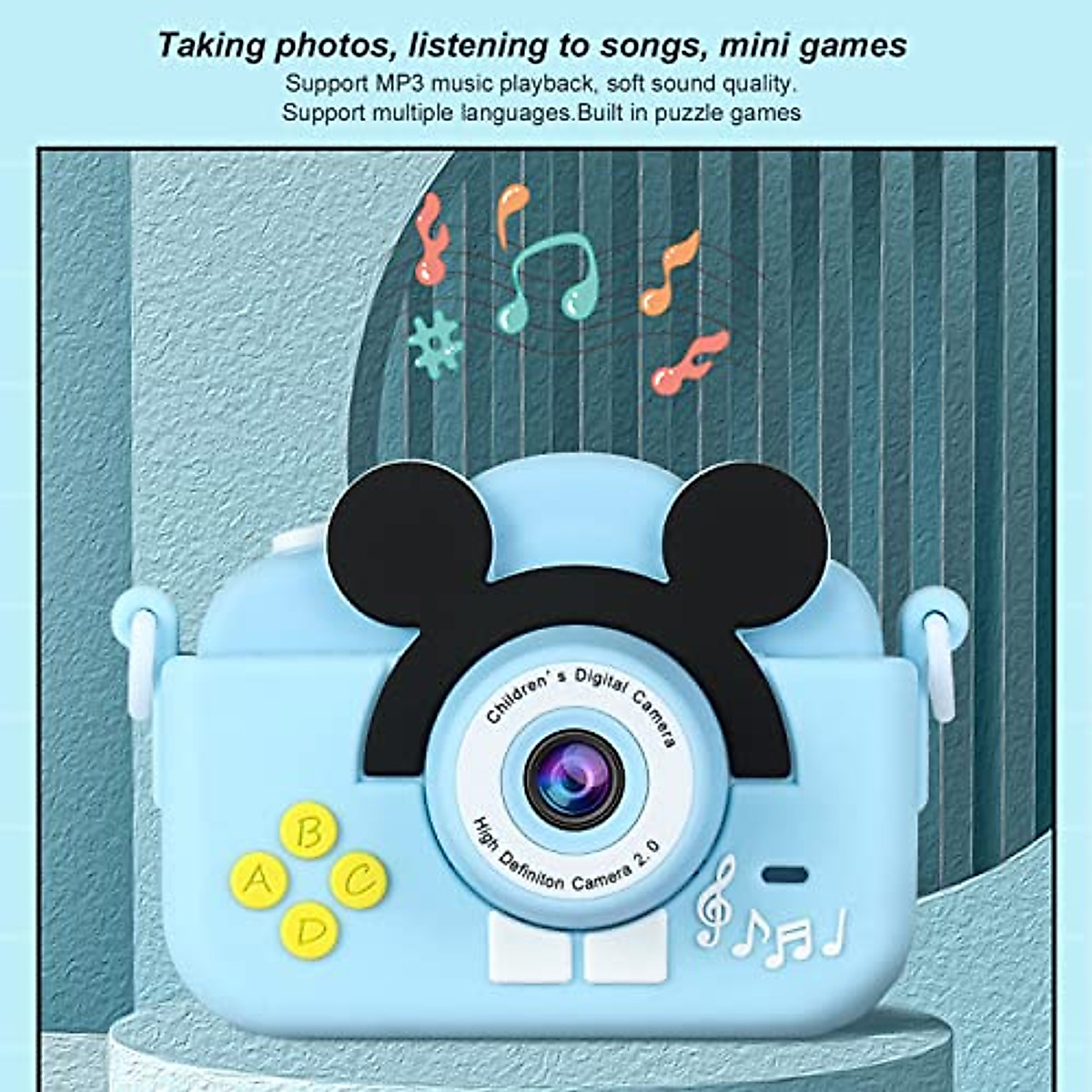 Shanrya Kids Photo Video Camera, 600mAh Rechargeable 2MP Kids Cartoon Camera Toy Multifunctional for Gifts(Sky Blue)