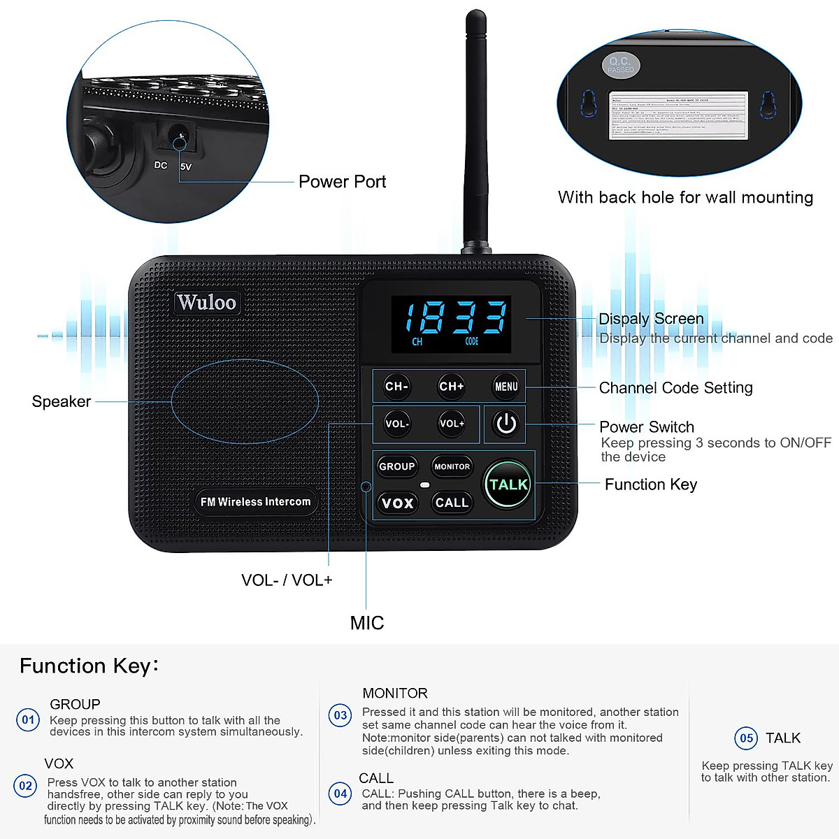 Wuloo Intercoms Wireless for Home 1 Mile Range 22 Channel 100 Digital Code Display Screen, Wireless Intercom System for Home House Business Office, Room to Room Intercom Communication(3Stations Black)