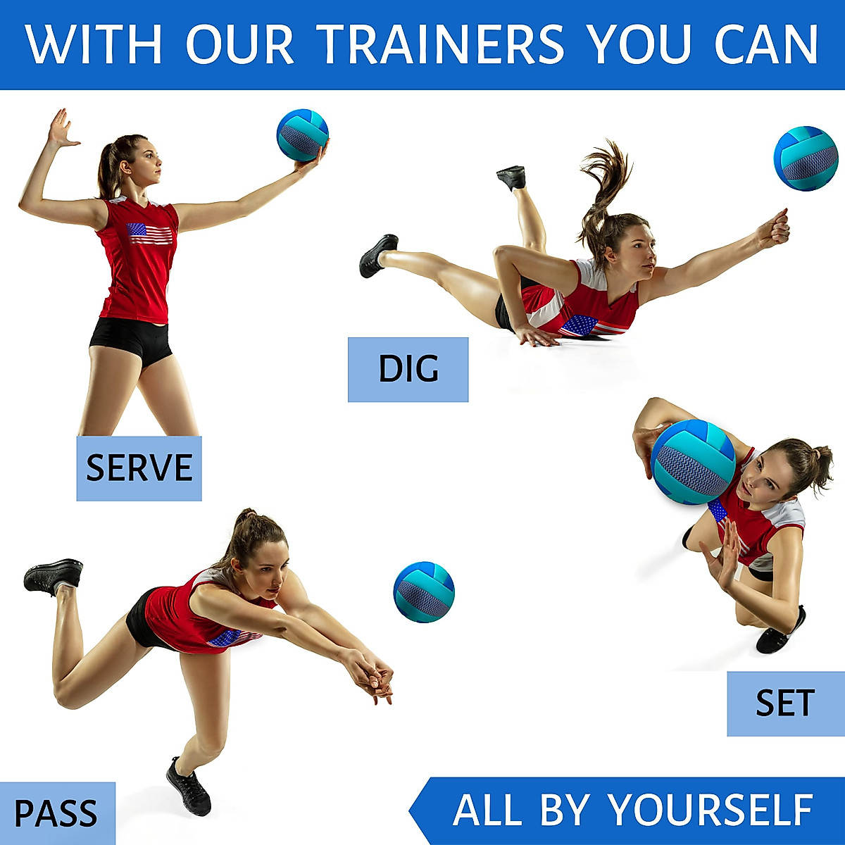 OVANTO Volleyball Training Equipment Aid – Solo Adjustable Volleyball Equipment in 4 Styles to Serve, Spike, Set and Pass Like a Pro - Gift for Beginners & Experts