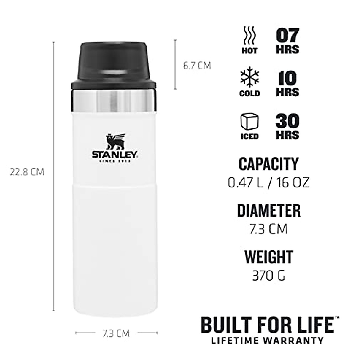 Stanley Trigger Action Travel Mug 0.47L Polar White – Keeps Hot for 7 Hours - BPA-free Stainless Steel Thermos Travel Mug for Hot Drinks - Leakproof Reusable Coffee Cups