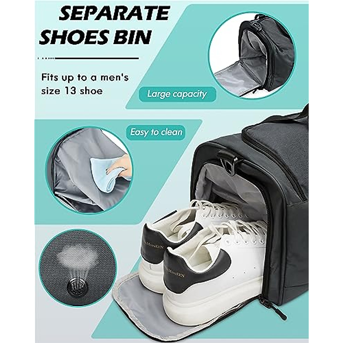 Gym Bag for Men Women, Sports Travel Duffel Bag with Shoes Compartment & Wet Pocket, Waterproof Gym Duffle Bag Weekender Overnight Bag for Travel Fitness Workout Swim Yoga, Light Black