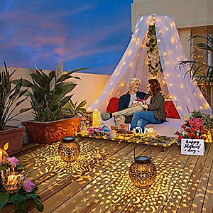 2Pack Solar Garden Lanterns Outdoor Hanging Lights Decorative Metal Moon Star Sun Solar Lanterns for Patio, Yard, Table, Pathway Decoration Waterproof (Bronze)