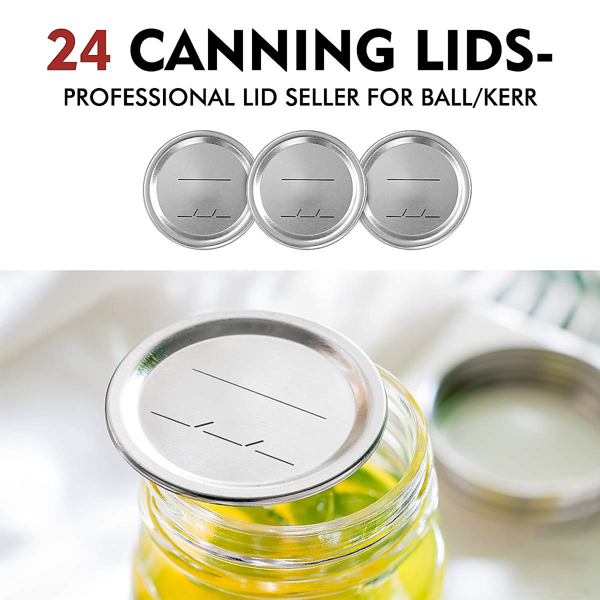 Canning Lids Regular Mouth For Ball/Kerr Jars, Split-Type Metal Mason Jar Lids with Silicone Seals, Silver, 24 Count
