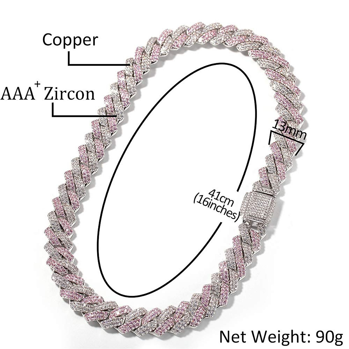 ICEDIAMOND 13mm Color Mixed Iced Out Miami Cuban Chain Necklace, Prong Setting Full Pink Clear CZ Diamond Hip Hop Choker Chain, Gold Plated Fashion Jewelry for Unisex (16'')