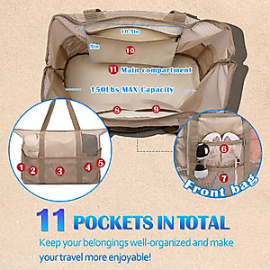 Eslcorri Mesh Beach Tote - Extra Large Beach Bag with 11 Pockets Foldable Tote Bag Womens Shoulder Handbag Oversized Casual Gift Pool Bag Travel Essentials for Swimming Gym Toys Kitchen 24.8x9.4x14.6