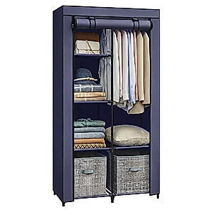 SONGMICS Portable Closet, Clothes Storage Organizer with 6 Shelves, 1 Clothes Hanging Rail, Non-Woven Fabric Closet, Metal Frame, 34.6 x 17.7 x 66.1 Inches, Dark Blue URYG084I02