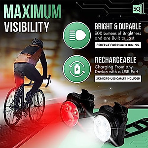 Square1 Bicycle Lights Front and Rear Rechargeable - Bright 300 Lumen Bike Lights for Night Riding - Durable, Waterproof & Multi-Use - Perfect Bike Head Light & Tail Light Set for Night Riding