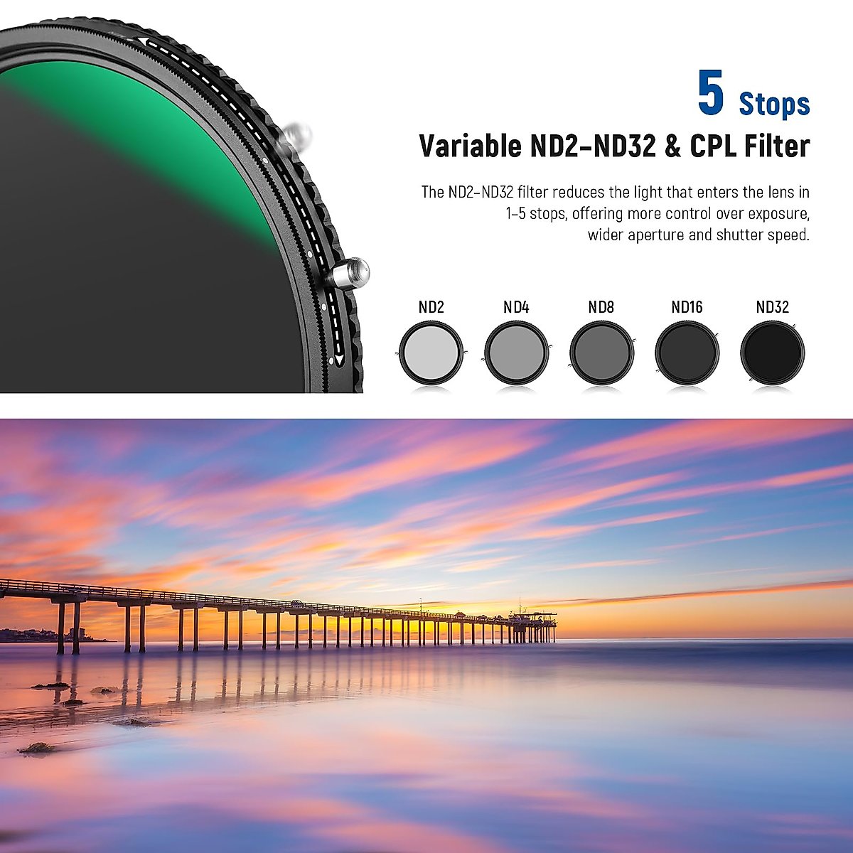 NEEWER 2 in 1 82mm Variable ND Filter ND2–ND32&CPL Filter(Circular Polarizer Filter) No X Cross/30 Layer Nano Coated/HD Optical Glass/Ultra Slim Aluminum Alloy Frame/Water Repellent/Scratch Resistant