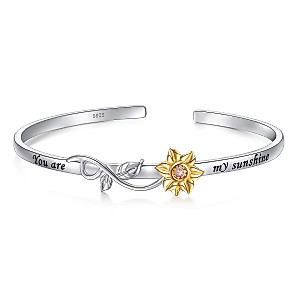 S925 Sterling Silver Sunflower with CZ Engraved You Are My Sunshine Bangle for Women 18" (Bangle)