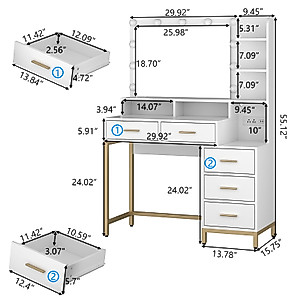 Loomie Vanity Desk with Lighted Mirror & Power Outlet, Makeup Table with 5 Drawers, Two Cubby & Shelf, Vanity Dresser with 11 Lights in 3 Lighting Colors for Bathroom, Bedroom,Makeup Room,White