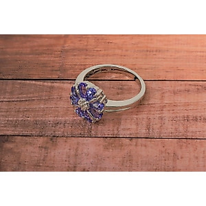 KOKAV 925 Sterling Silver Pear Shape Tanzanite Diamond Accent Flower Ring, Size 8