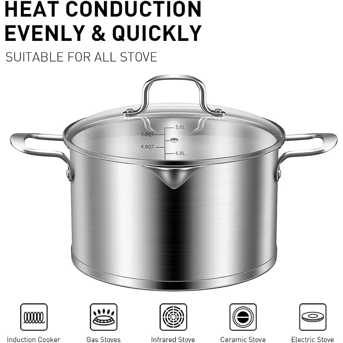 5 Quart Stainless Steel Induction Stock Pot with Glass Lid, 5 Qt Pasta Cooking Soup Pot with Pour Spout, Scale Engraved Inside, Oven Dishwasher Safe, Multipurpose Use For Home Kitchen Restaurant