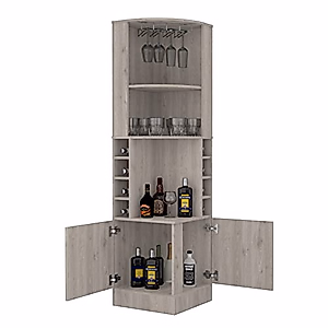 DEPOT E-SHOP Egina Corner Bar Cabinet with Two External Shelves, Glass Holder, Eight Exterior Bottle Racks, Central Shelf, Lower Drawer with Two Side Doors, 71" H, Light Gray, Living Room