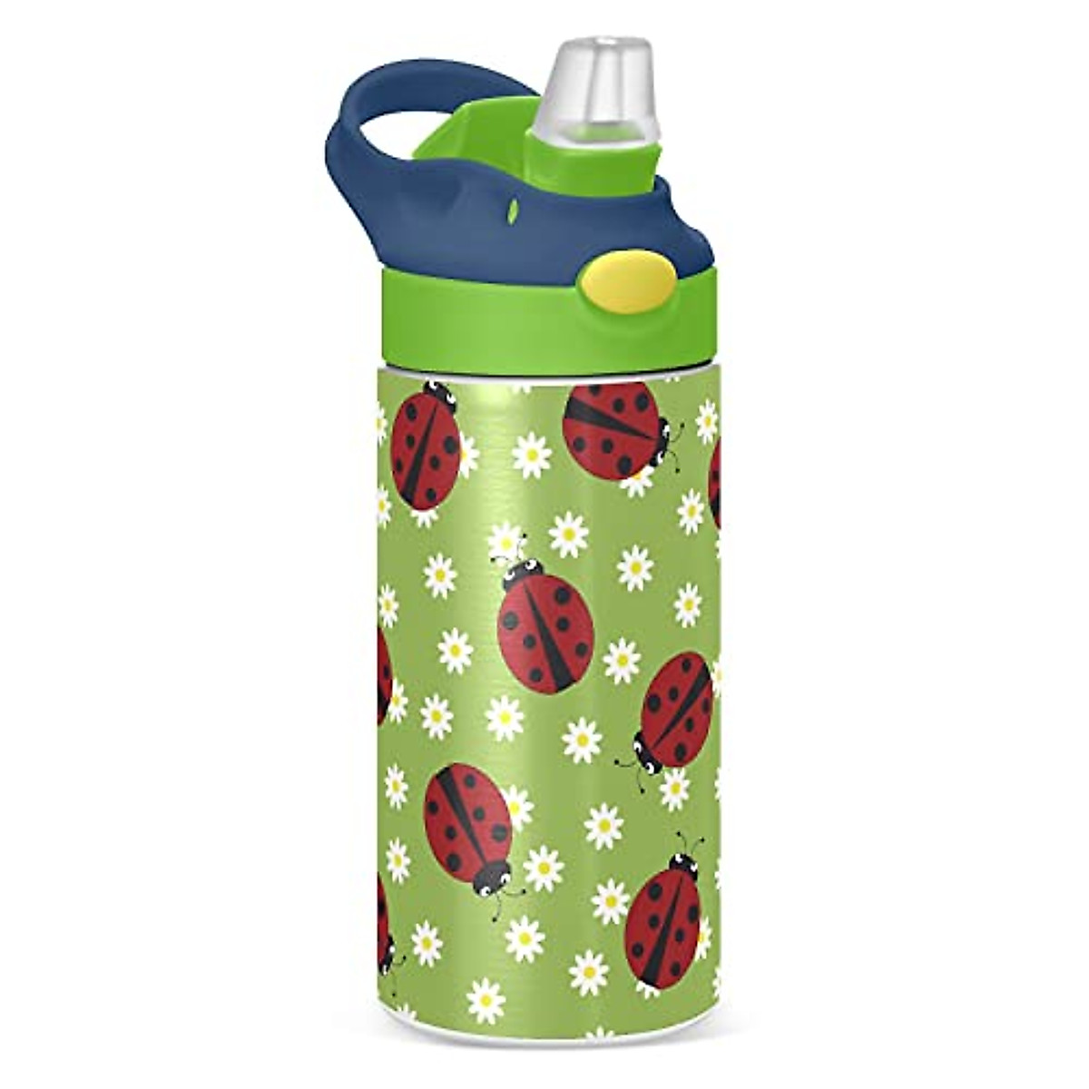 ALAZA Ladybug Kids Water Bottles with Lids Straw Insulated Stainless Steel Water Bottles Double Walled Leakproof Tumbler Travel Cup for Girls Boys Toddlers 12 oz,Green